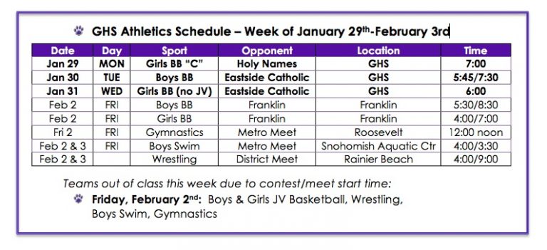 GHS Athletics Schedule — Week of Jan. 29-Feb. 3 - Garfield High School PTSA